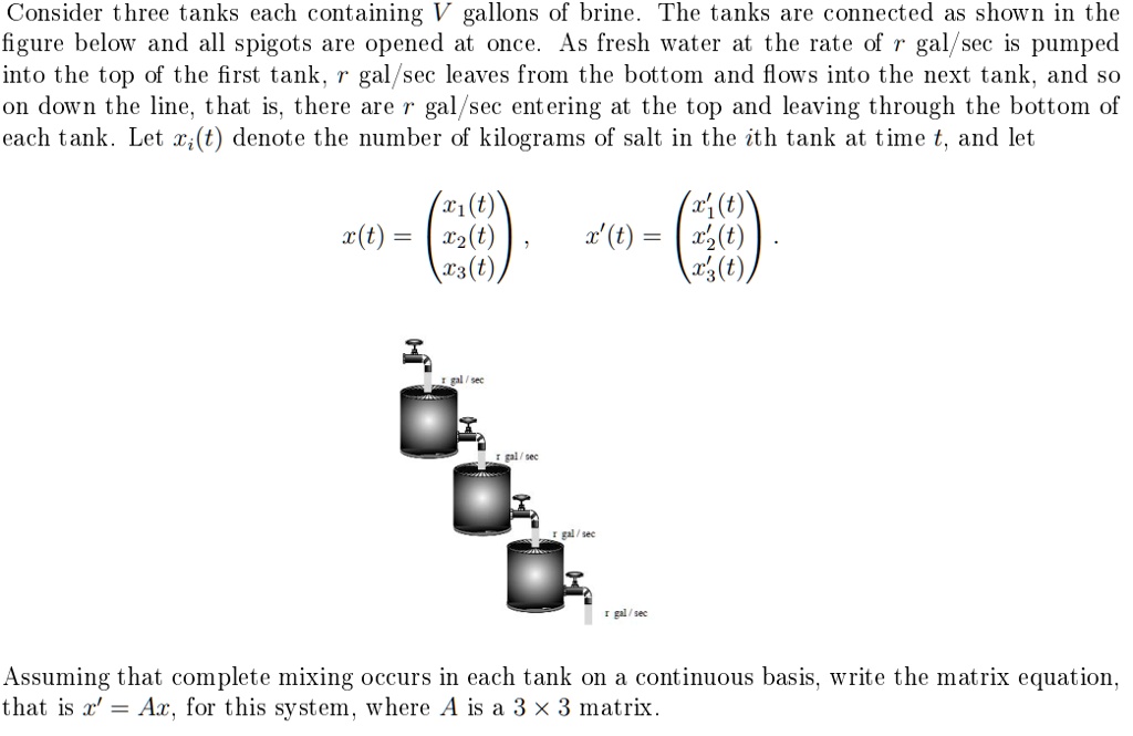 consider three tanks each containing v gallons of brine the tanks are connected as shown in the ...