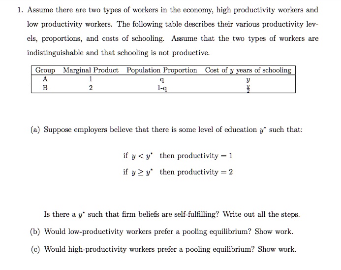 assume there are two types of workers in the econoiy high productivity ...