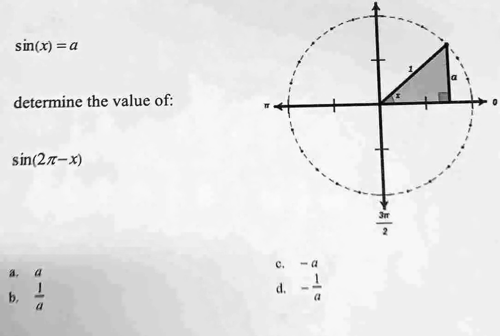 SOLVED: Determine the value of sin(2t - x) given that sin(x) = a.