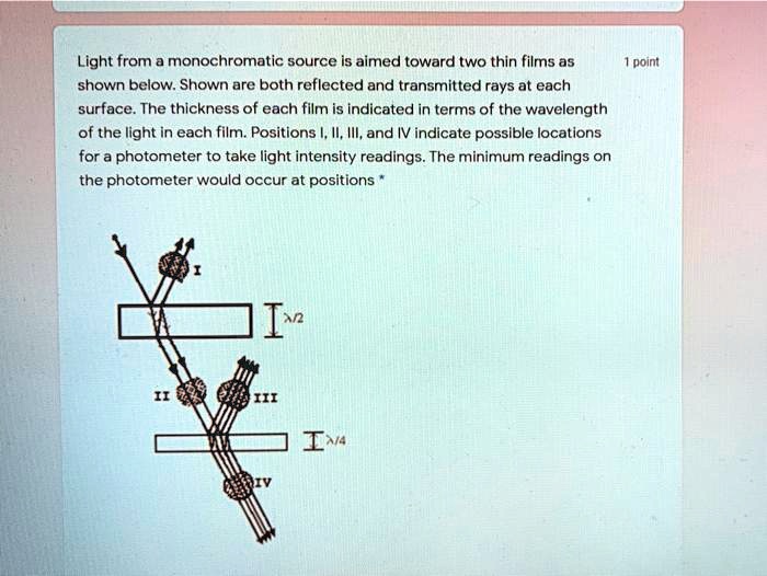 light from monochromatic source is aimed toward two thin films as point ...