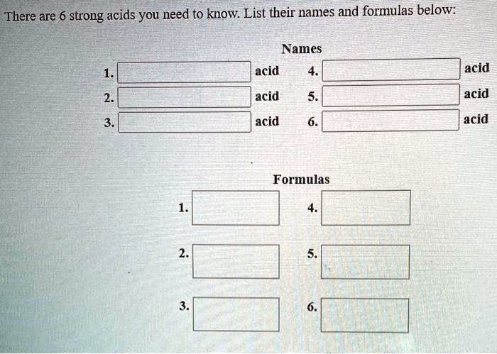 SOLVED: There are 6 strong acids you need to know List their names and ...