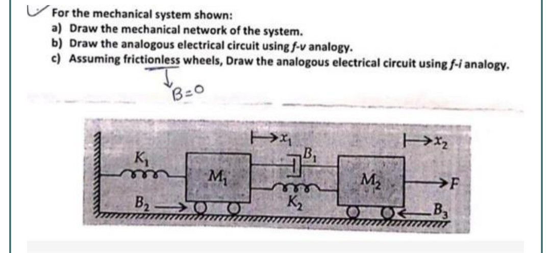 For the mechanical system shown: a) Draw the mechanical network of the system. b) Draw the ...