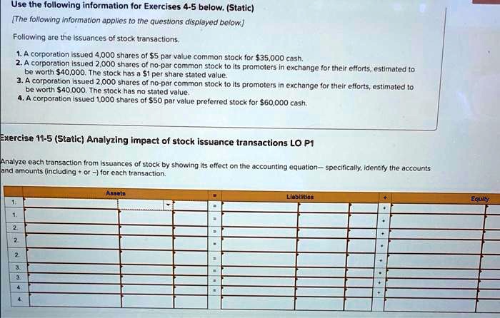 Text: Use the following information for Exercises 4-5 below. (Static ...