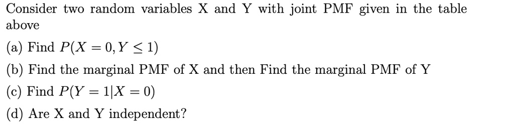 SOLVED: Consider two random variables X and Y with joint PMF given in the table above (a) Find P ...