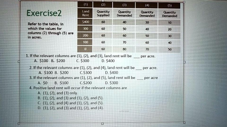 Exercise 2: Land Rent Quantity Demanded Refer to the table in which the ...