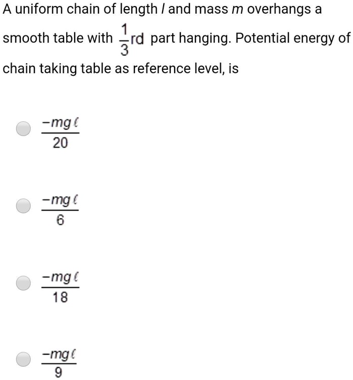 SOLVED: A uniform chain of length L and mass m overhangs a smooth table ...