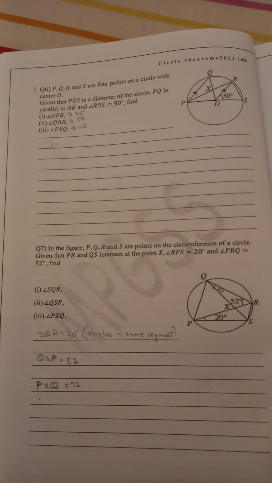 SOLVED: Circle theorems 2023 | 20 Q6) P, Q, R and S are four points on a circle with centre O ...