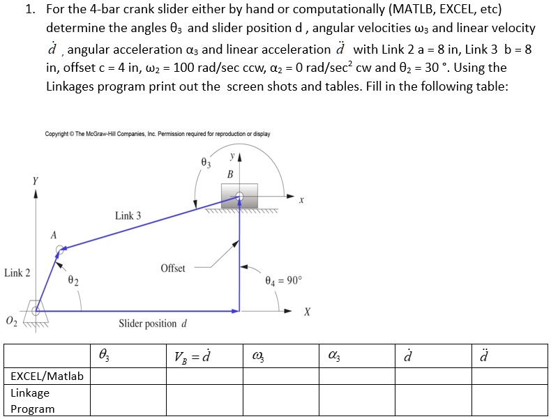 SOLVED: 1.For the 4-bar crank slider either by hand or computationally (MATLB, EXCEL, etc ...