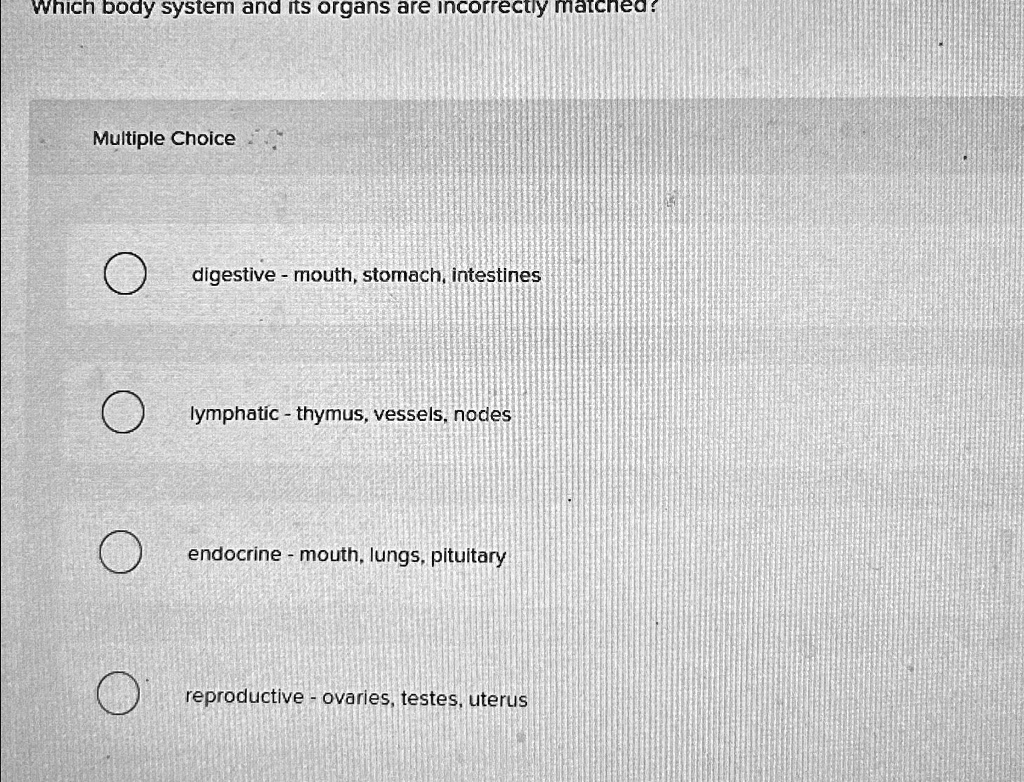 Which body system and its organs are incorrectly matched? Multiple ...