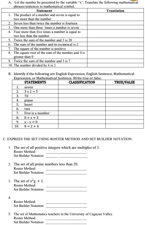 A. Let the number be presented by the variable "x". Translate the following mathematical phrases ...