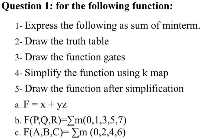Solved Question 1 For The Following Function 1 Express The Following As Sum Of Minterm 2 9538