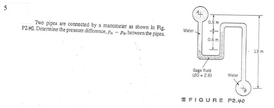 5 Two pipes are connected by a manometer as shown in Fig. P2.40. Determine the pressure ...