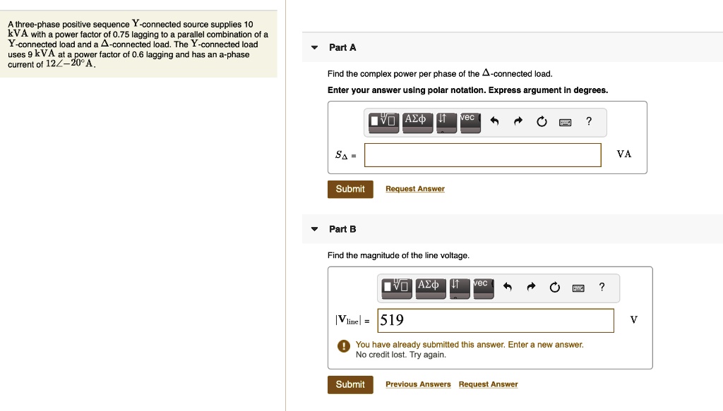 Solved A Three Phase Positive Sequence Y Connected Source Supplies A