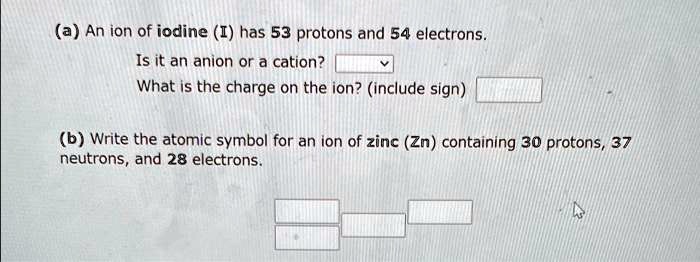 SOLVED: (a) An ion of iodine (I) has 53 protons and 54 electrons Is it ...