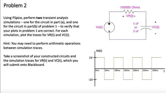 SOLVED: Problem 2 100000 Ohms WW +VR(t) Using PSpice,perform two transient analysis simulations ...