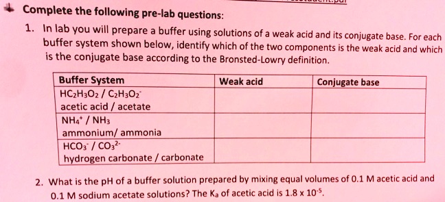 SOLVED: Complete the following pre-lab questions: In lab vou will prepare buffer using solutions ...
