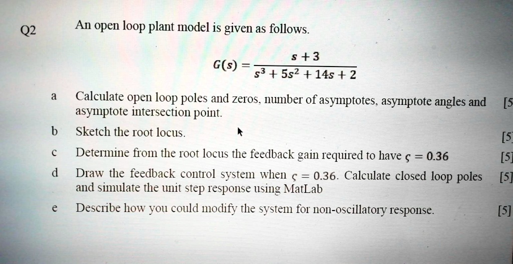 Q2 An open loop plant model is given as follows. G(s) = (s + 3)/(s^3 + 5s^2 + 14s + 2) a ...