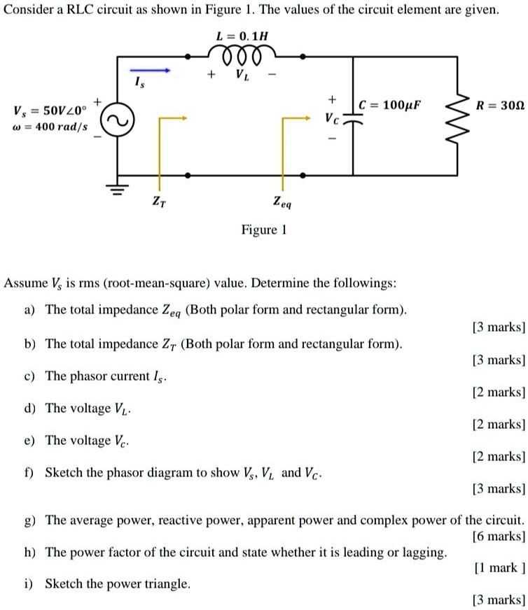 SOLVED: Consider a RLC circuit as shown in Figure 204. The values of the circuit elements are ...