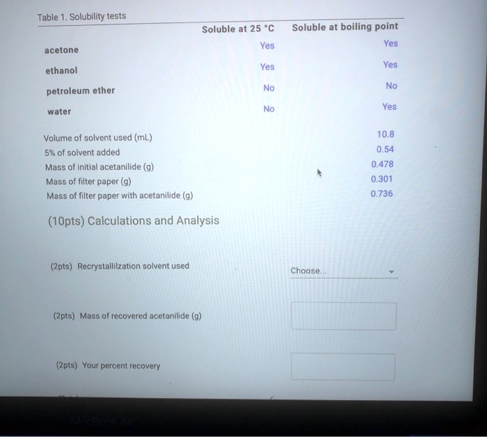 SOLVED: Table: Solubility tests Soluble at 25Â°C: Yes Soluble at ...