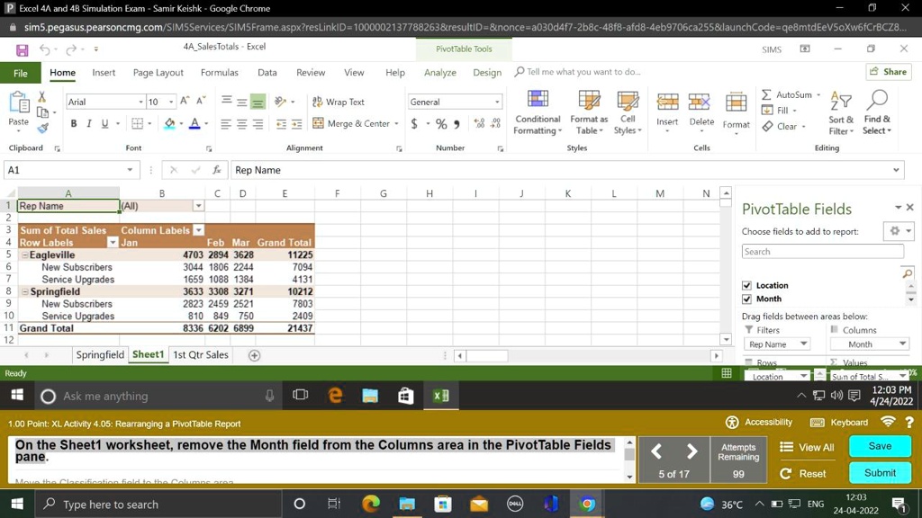 on the sheet1 worksheet remove the month field from the columns area in the pivottable fields ...