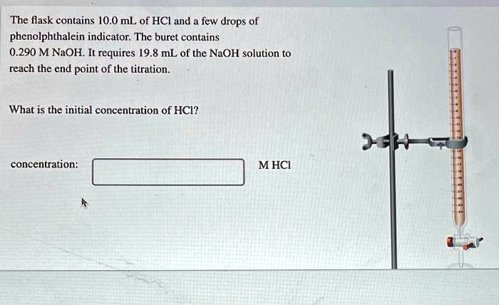 SOLVED: The flask contains 10.0 mL of HCI and few drops of phenolphthalein indicator; The buret ...