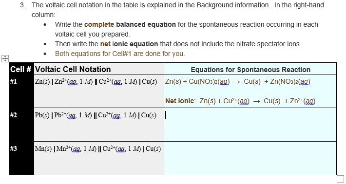 SOLVED: The voltaic cell notation in the table is explained in the Background information. In ...