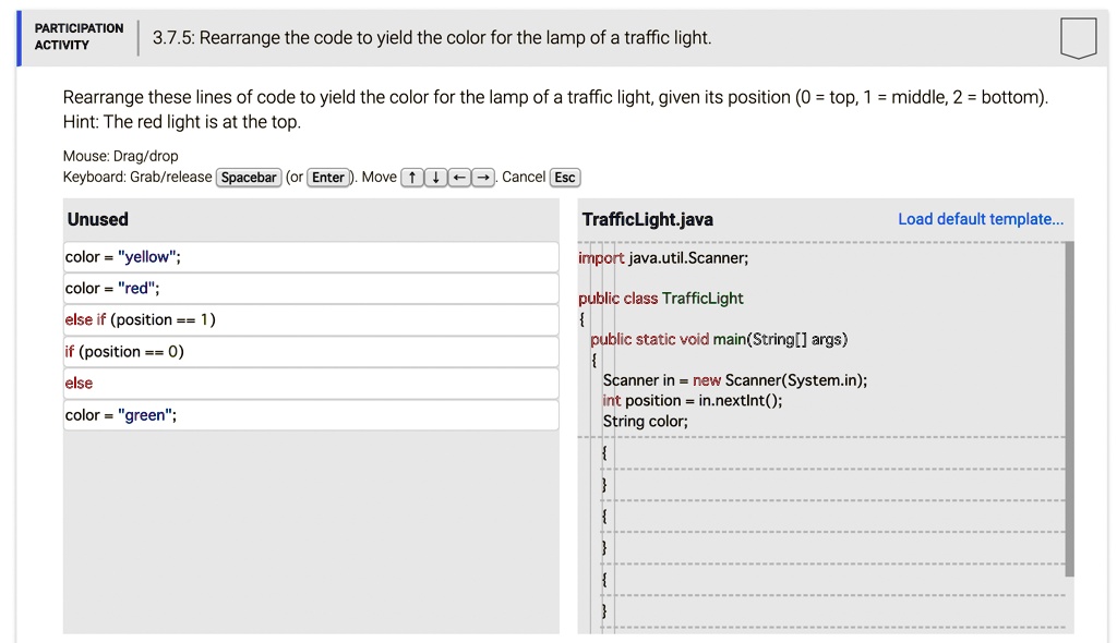 Participation Activity 375 Rearrange The Code To Yield The Color For The Lamp Of A Traffic 