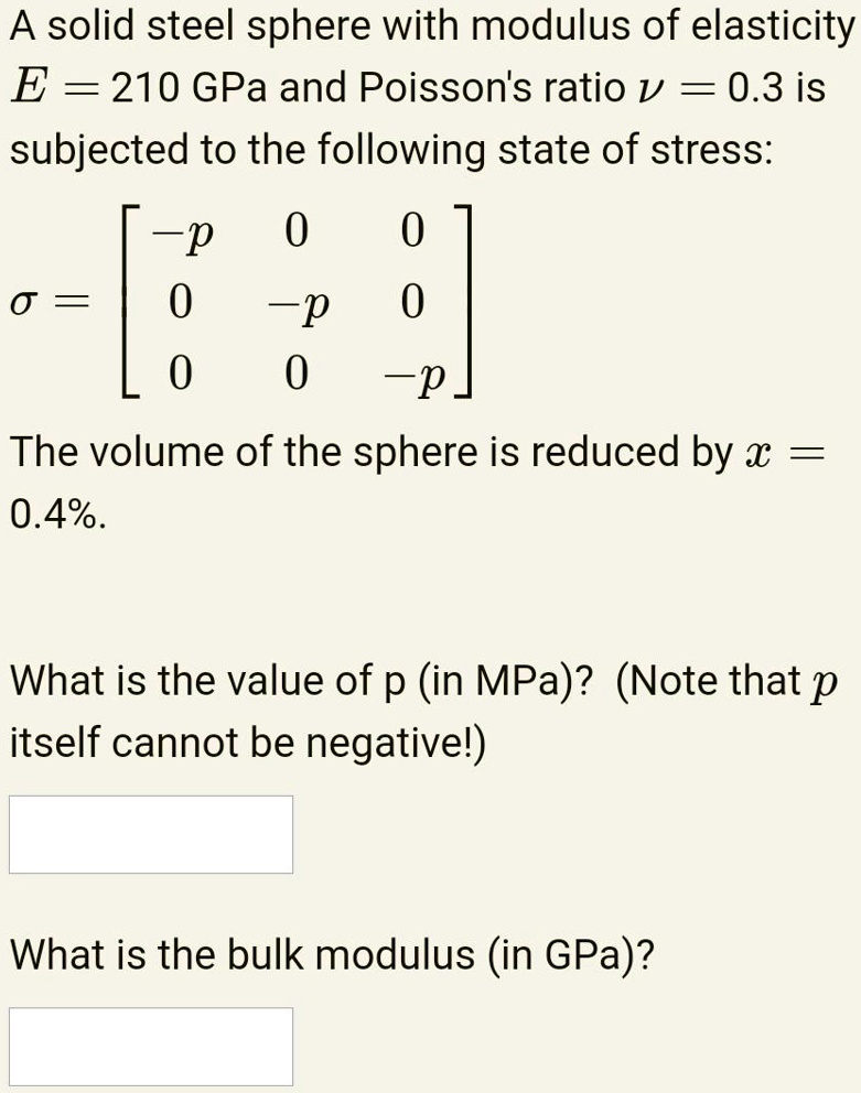 SOLVED: Send answer quickly, please. A solid steel sphere with a modulus of elasticity E = 210 ...