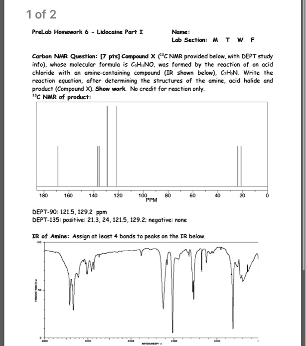SOLVED: 1 of 2 PreLab Homework Lidocaine Part Name Lab Section: Carbon NMR Question: [7 Pts ...