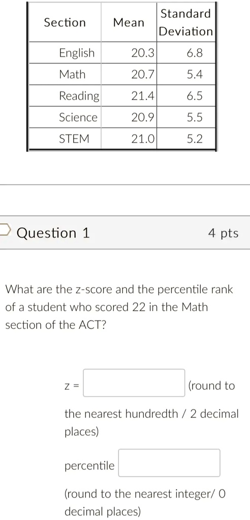 Standard Section Mean Deviation English 20.3 6.8 Math 20.7 5.4 Reading ...