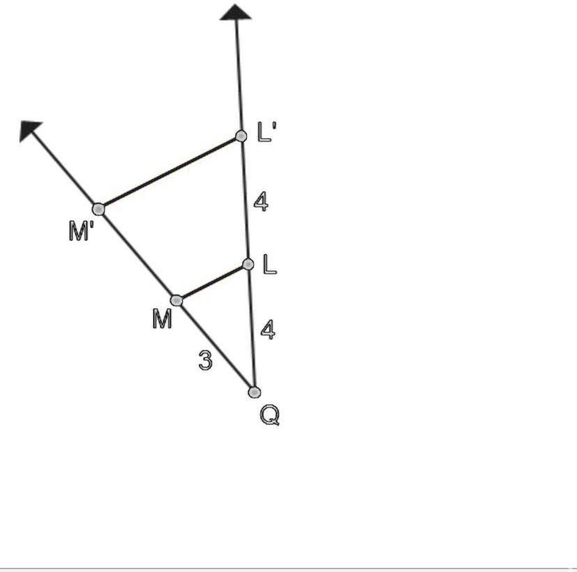 Line segment LM is dilated to create L'M' using point Q as the center of dilation and a scale ...