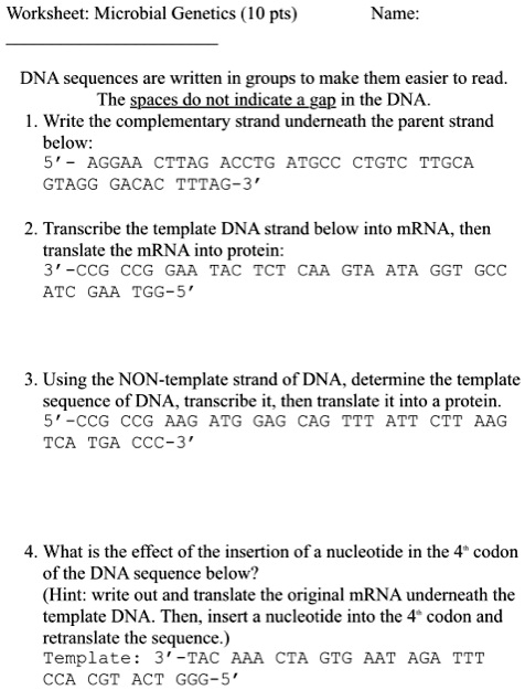 SOLVED:Worksheet: Microbial Genetics ( 10 pts) Name: DNA sequences are written in groups to make ...