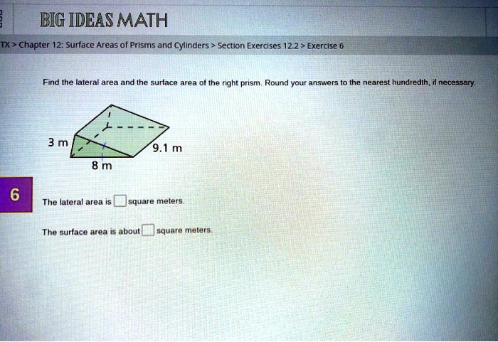 SOLVED: BIG IDEAS MATH TX > Chapter 12: Surface Areas of Prisms and ...