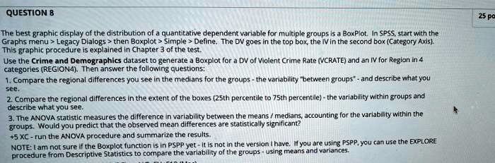 QUESTION 8 The best graphic display of the distribution of a quantitative dependent variable for ...