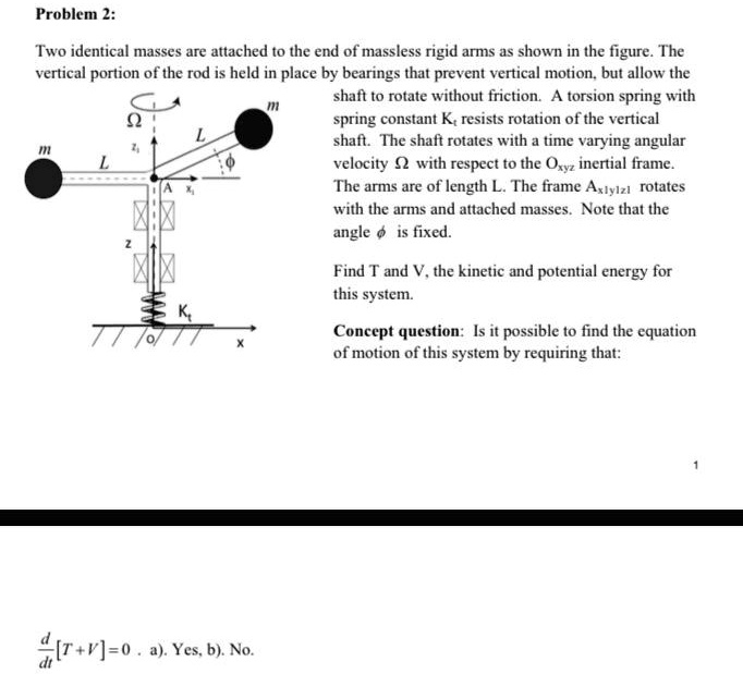 SOLVED: Problem 2: Two identical masses are attached to the end of massless rigid arms as shown ...