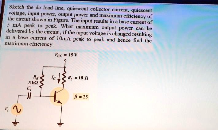 SOLVED: Sketch the DC load line, quiescent collector current, quiescent voltage, input power ...