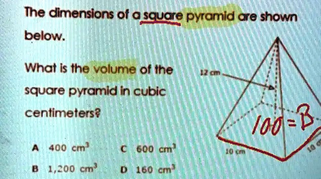 SOLVED: The dimensions of a square pyramid are shown below. What is the ...