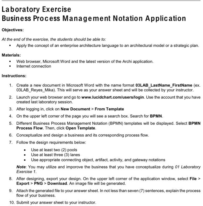 SOLVED: Text: Laboratory Exercise Business Process Management Notation ...