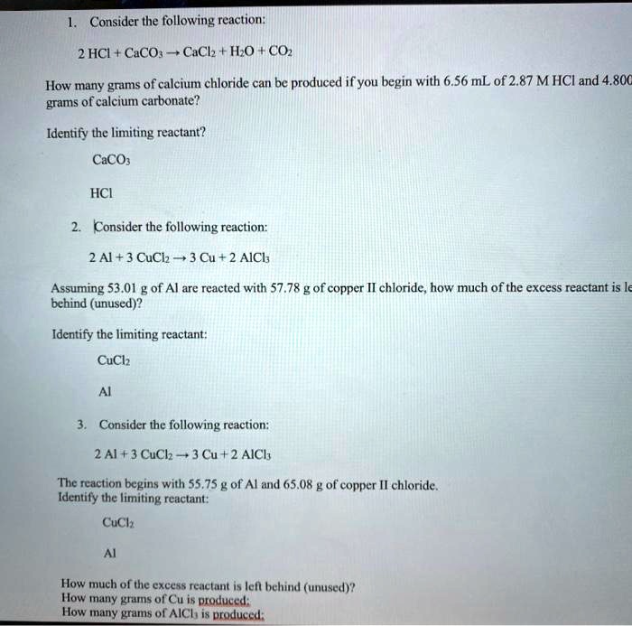 consider the following reaction 2 hci caco caclzho coz how many grams of calcium chloride can be ...