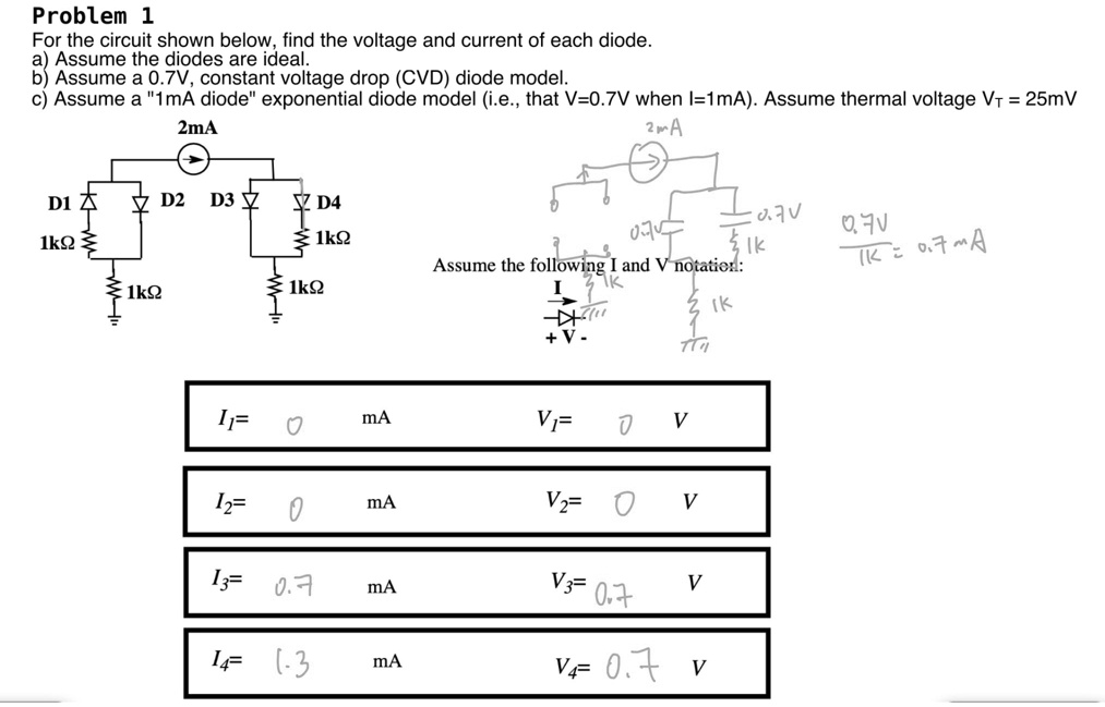 SOLVED: Problem 1 For the circuit shown below, find the voltage and current of each diode. a ...