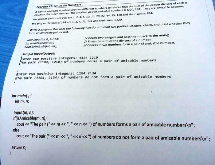 Solved A Pair Of Amicable Numbers Are Two Different Numbers So Related That The Sum Of The 