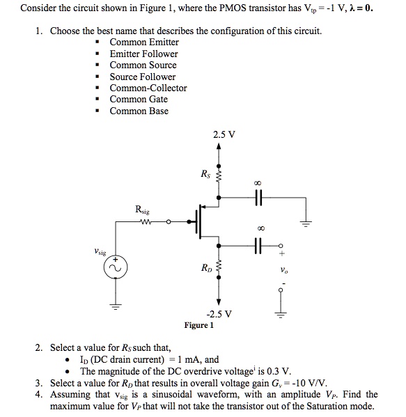 SOLVED: Consider the circuit shown in Figure 1, where the PMOS transistor has Vp = -1 V, Âµ = 0 ...