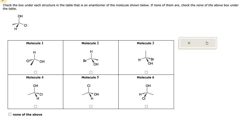Check the box under each structure in the table that is an enantiomer of the molecule shown ...