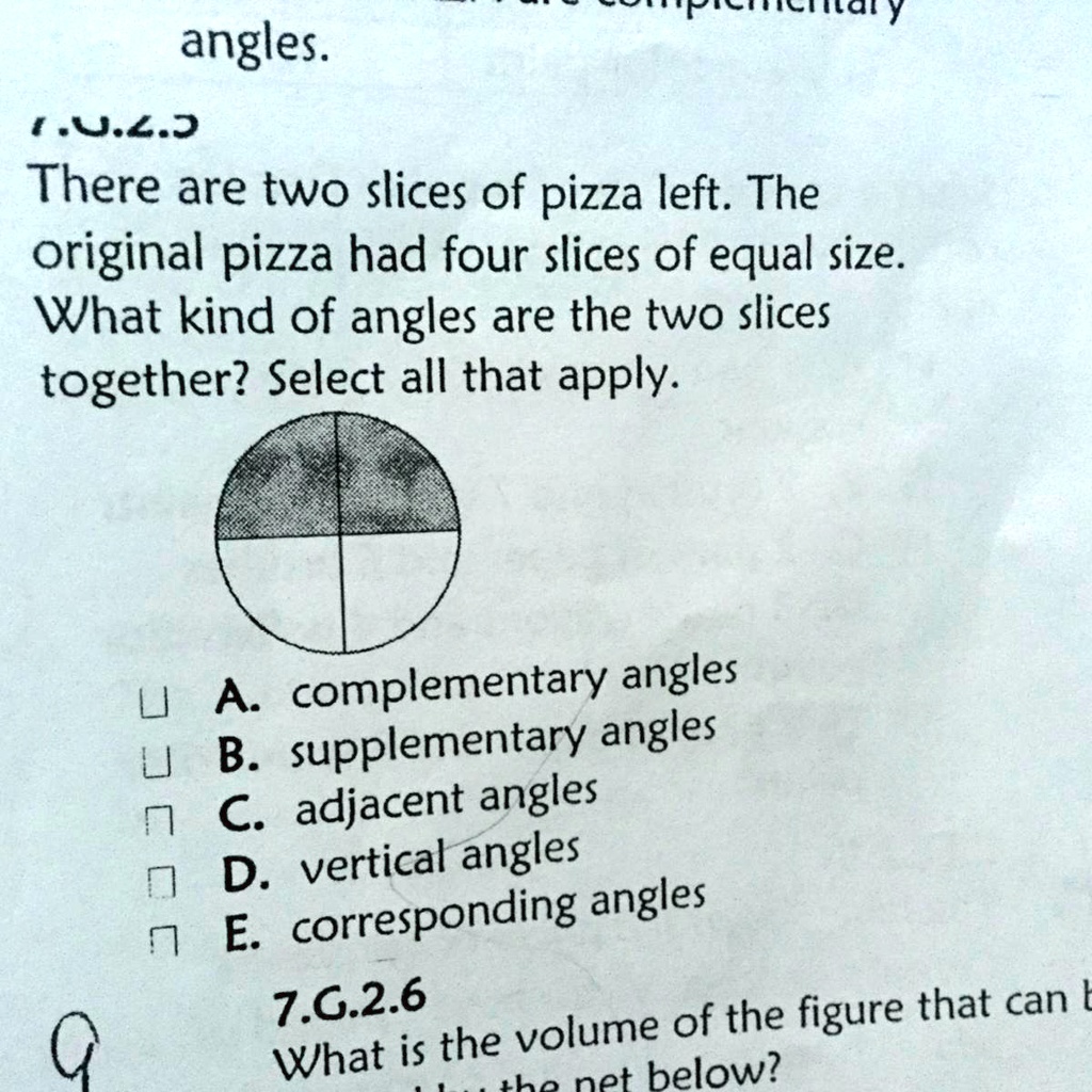 SOLVED: There are two slices of pizza left. The original pizza had four ...