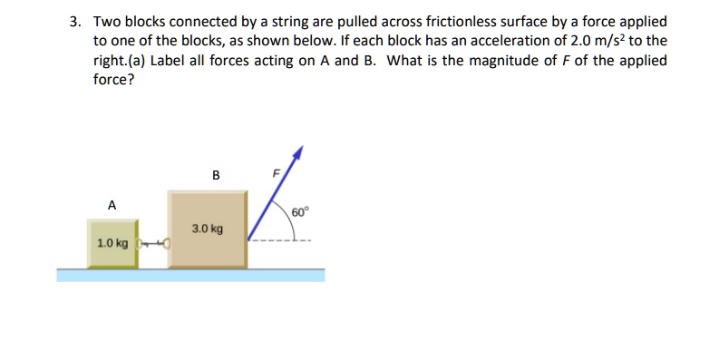 two blocks connected by string are pulled across frictionless surface by a force applied to one ...