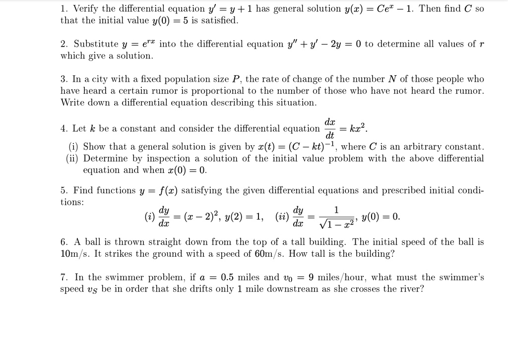 SOLVED: 1.Verify the differential equation y= y+ 1 has general solution ...