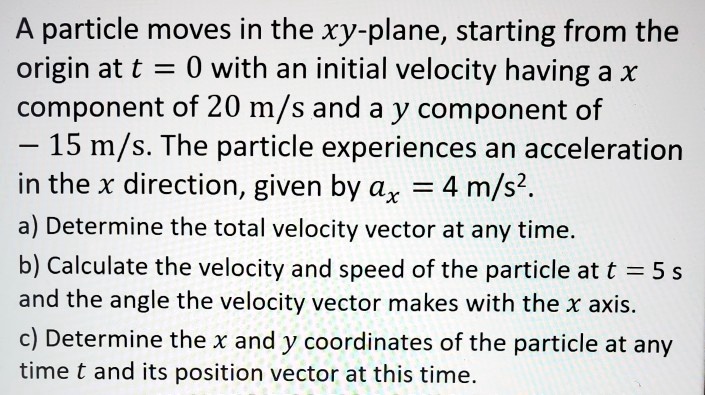 a particle moves in the xy plane starting from the origin at t 0 with an initial velocity having ...