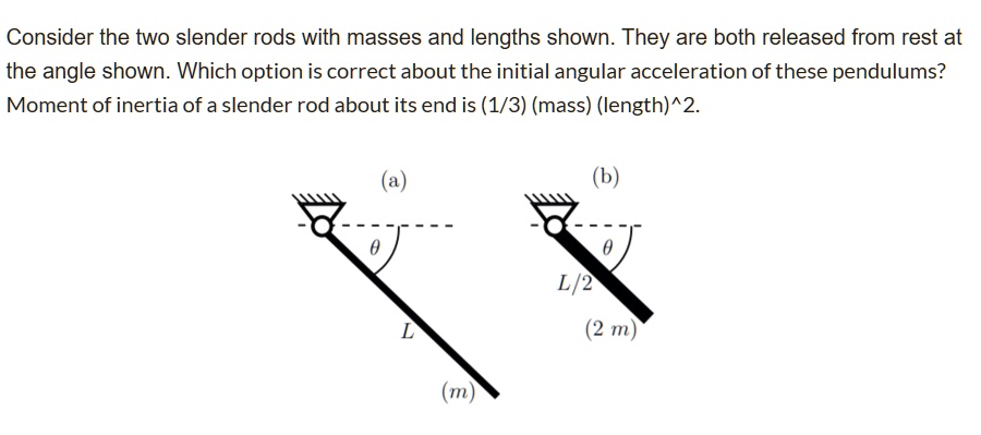 Consider the two slender rods with masses and lengths shown. They are both released from rest at ...