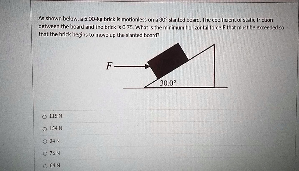 SOLVED:As shown below, a 5.00-kg brick is motionless on a 300 slanted ...