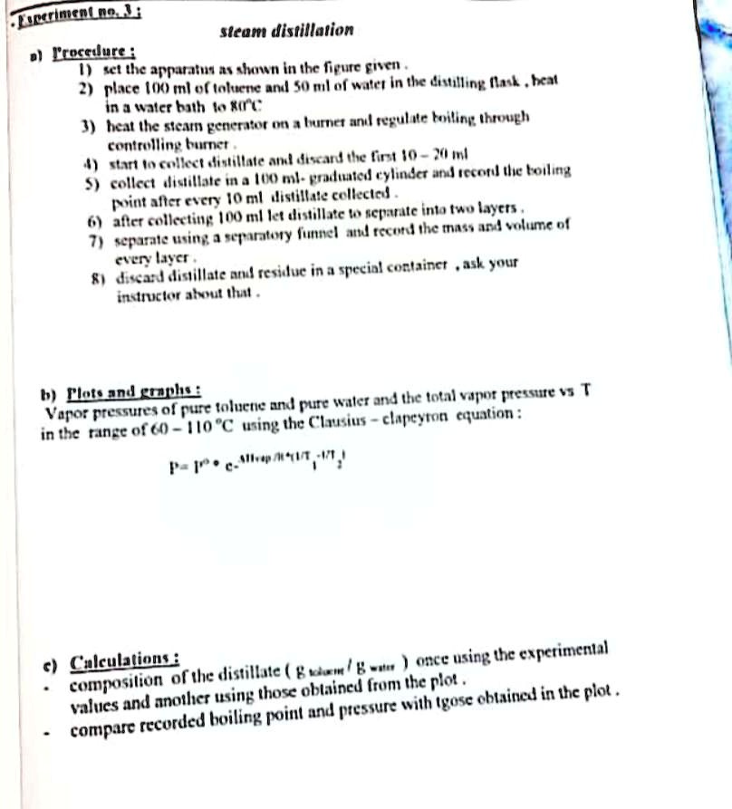 SOLVED: Experimental Steam Distillation Procedure: I. Set up the ...